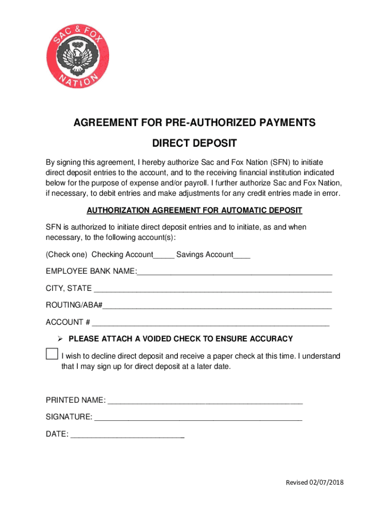 Fillable Online AGREEMENT FOR PRE-AUTHORIZED PAYMENTS DIRECT DEPOSIT ...