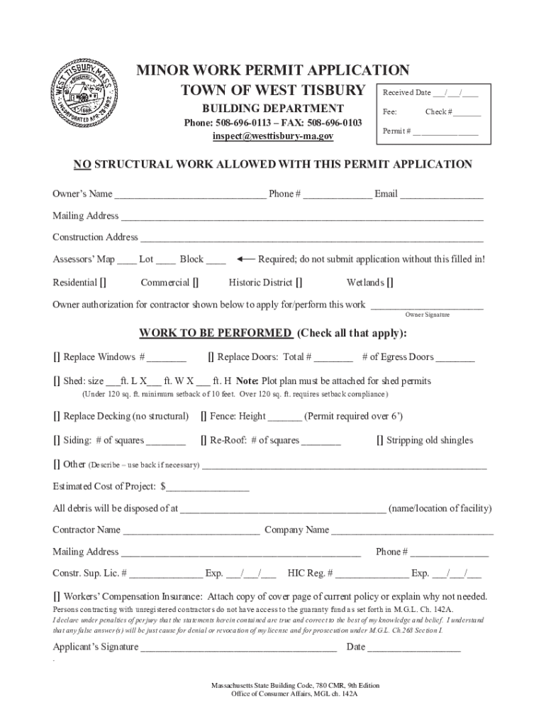 Fillable Online MINOR WORK PERMIT APPLICATION TOWN OF WEST TISBURY Fax ...