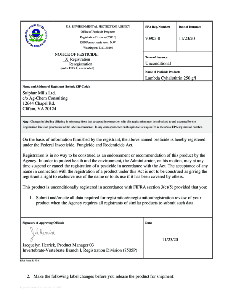 Fillable Online US EPA, Pesticide Product Label, Lambda Cyhalothrin 250 ...