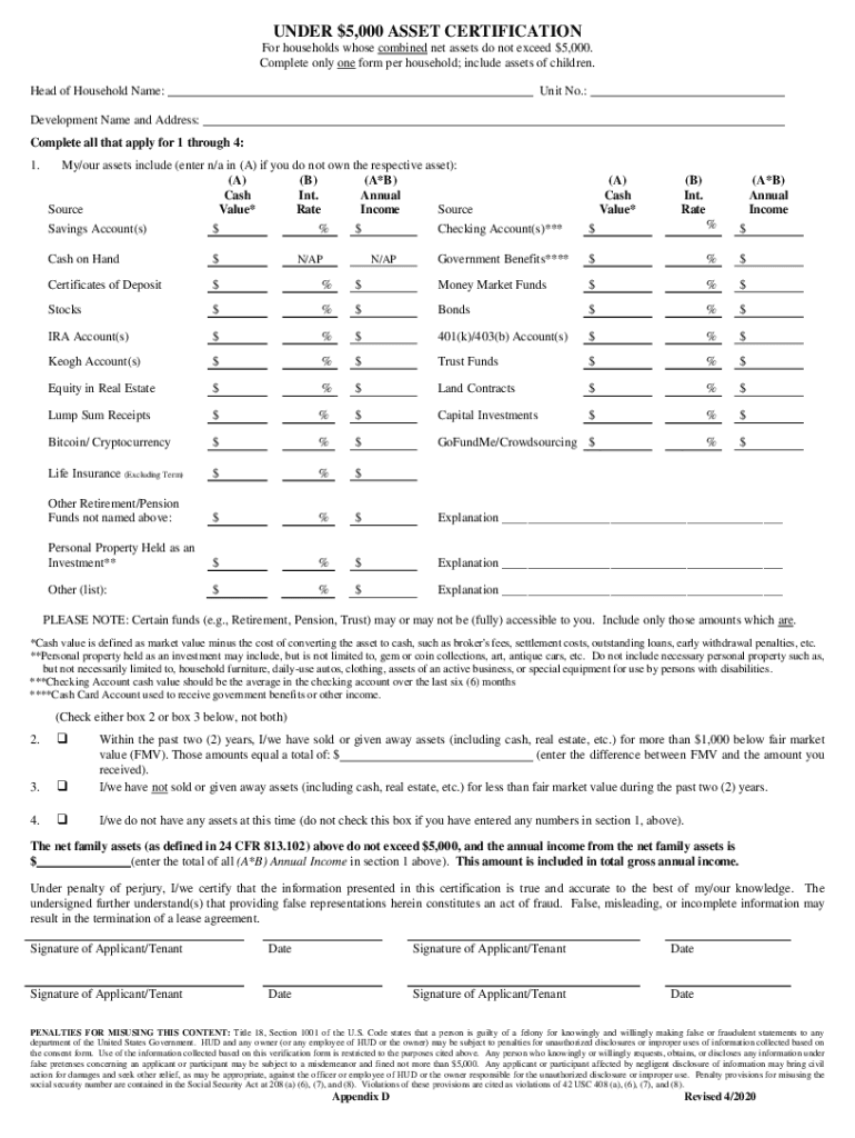 Fillable Online Under $5,000 Asset Certification - California State ...