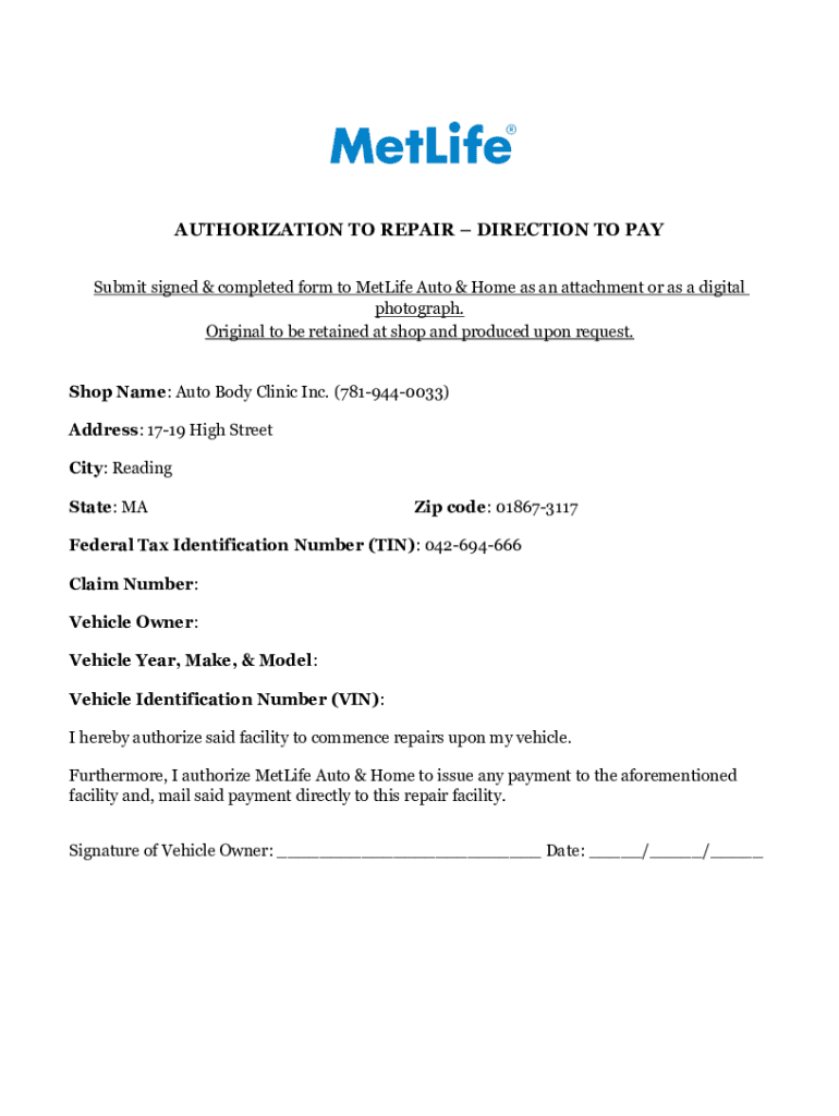 Fillable Online Authorization to Repair - Direction of Pay - TNS Auto ...