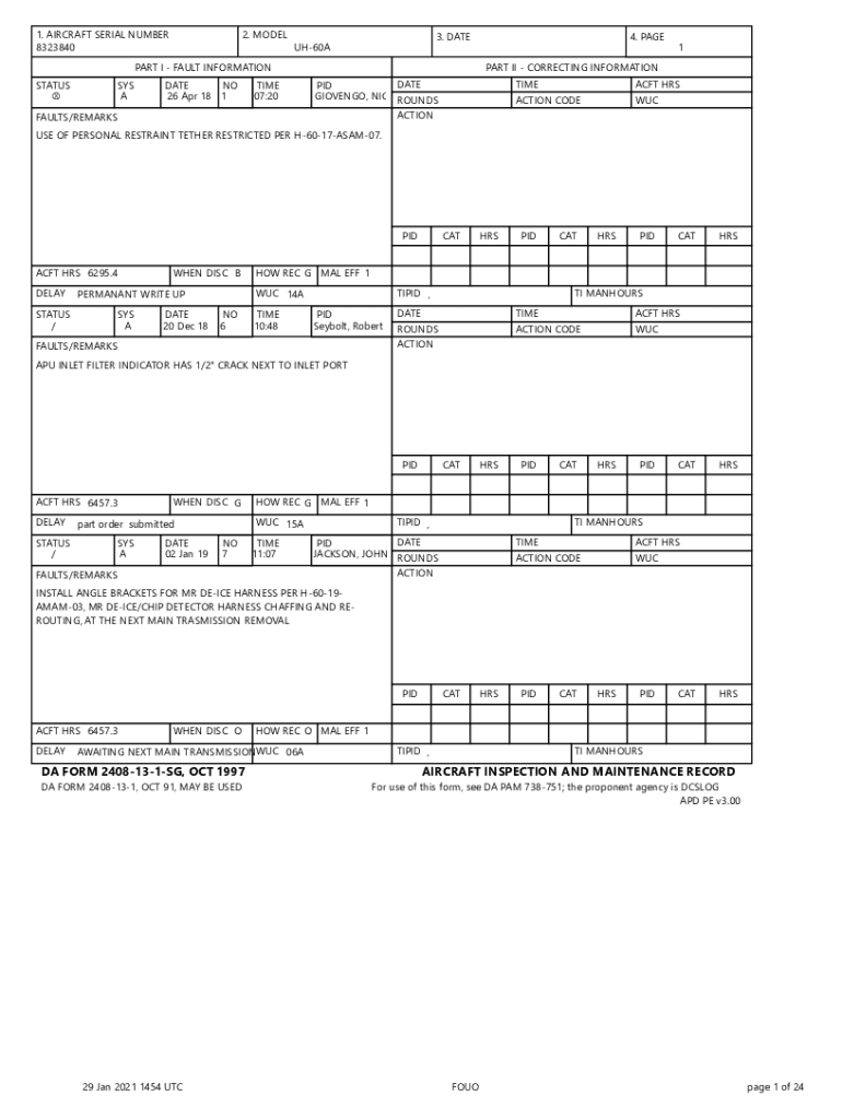 Fillable Online DA FORM 2408-13-1-SG, OCT 1997 AIRCRAFT INSPECTION AND ...