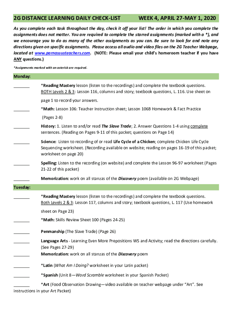 Fillable Online 2G DISTANCE LEARNING DAILY CHECK-LIST WEEK 4, APRIL 27 ...
