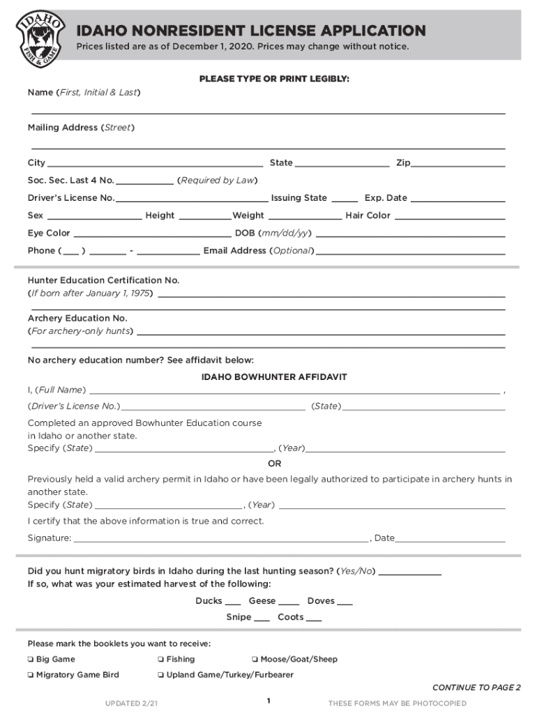 Fillable Online idfg idaho LICENSES, TAGS AND PERMITS - Idaho Fish and ...
