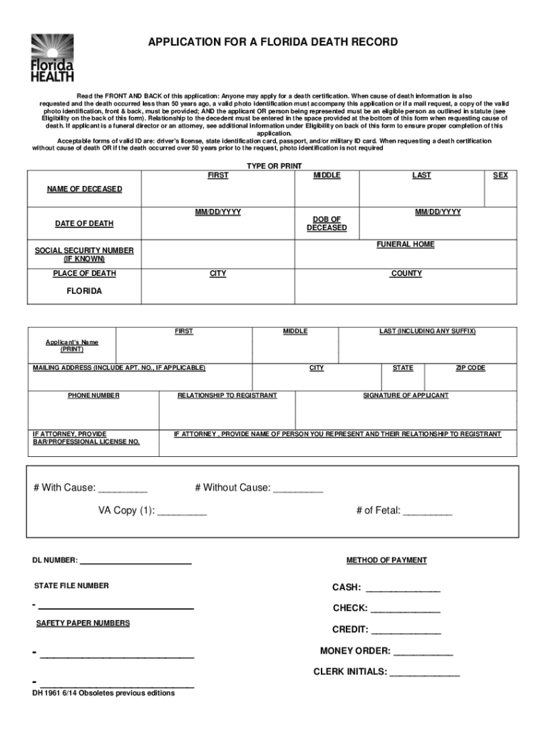 Fillable Online a APPLICATION FOR A FLORIDA DEATH RECORD Fax Email ...