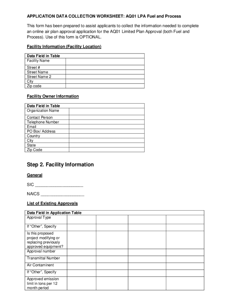 Fillable Online APPLICATION DATA COLLECTION WORKSHEET: AQ01 LPA Fuel ...