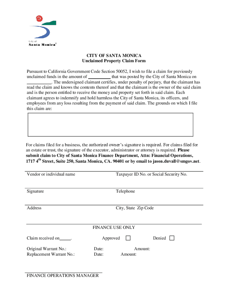 Fillable Online finance smgov CITY OF SANTA MONICA Unclaimed Property ...