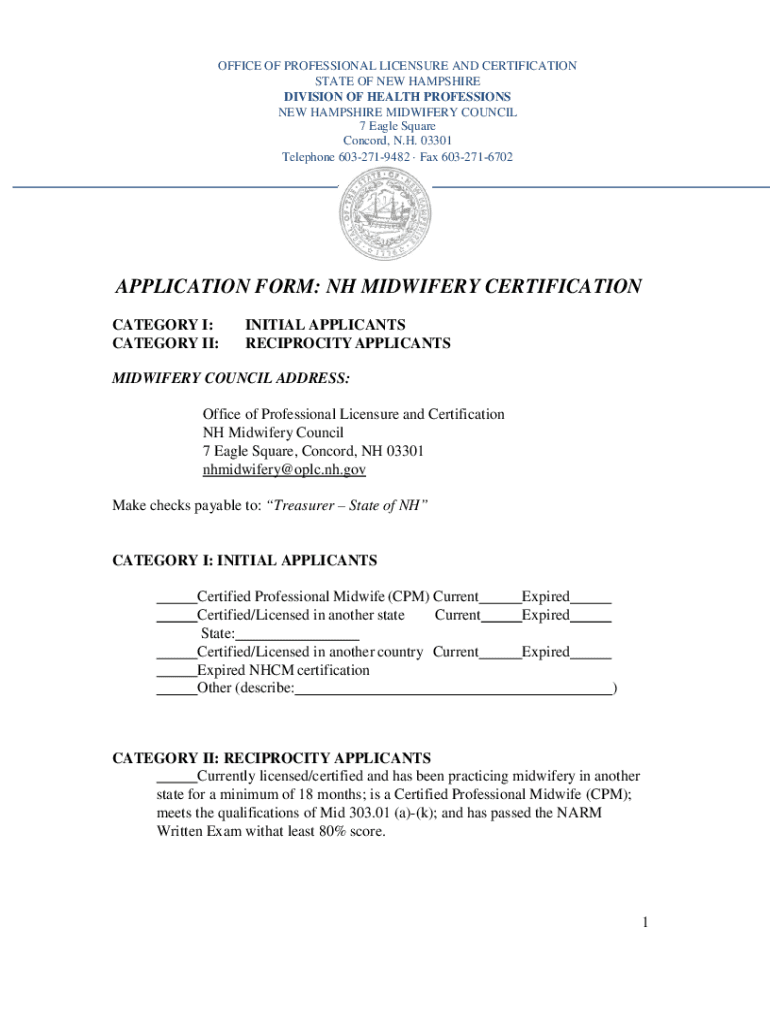 Fillable Online APPLICATION FORM: NH MIDWIFERY CERTIFICATION Fax Email ...