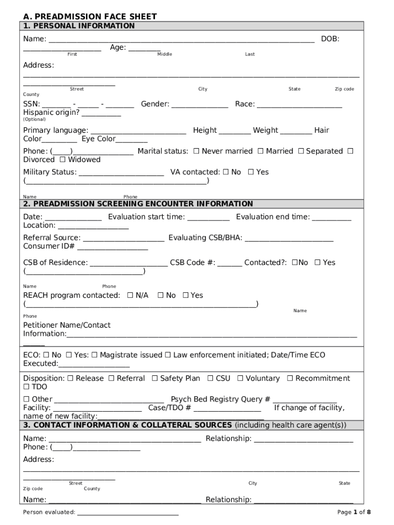 PREADMISSION FACE SHEET - dbhds virginia Doc Template | pdfFiller