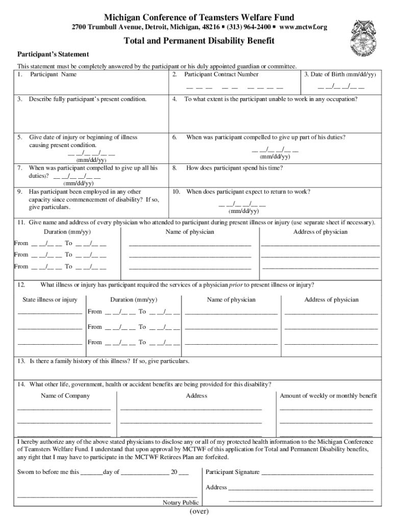 Fillable Online Total and Permanent Disability Form 0318.doc Fax Email ...