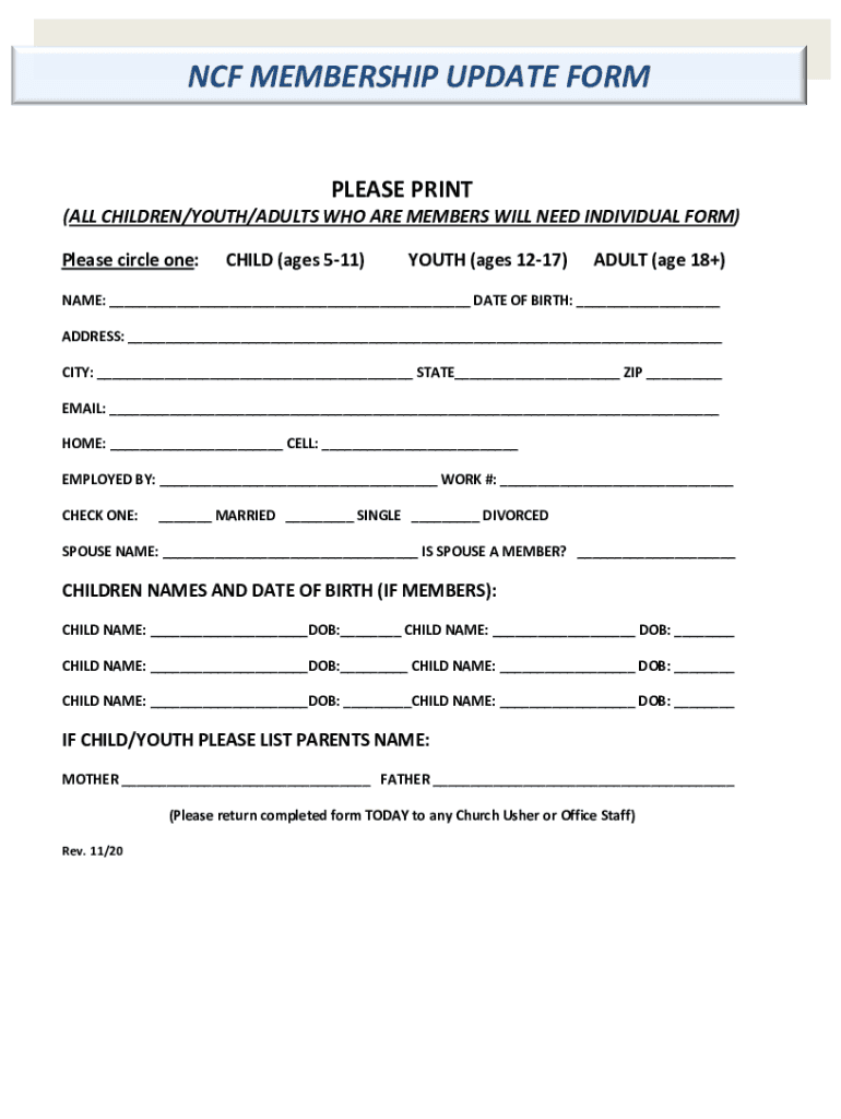 Fillable Online NCF MEMBERSHIP UPDATE FORM - New Covenant Faith Baptist ...