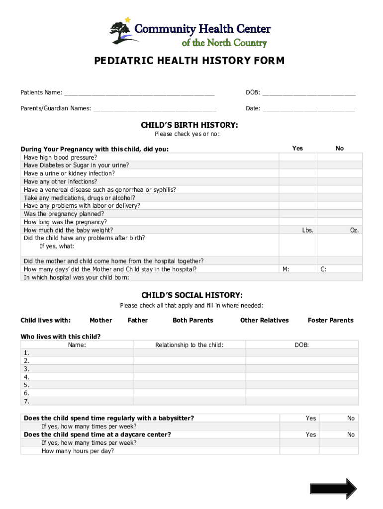 Fillable Online Last Name: First Name: DOB: Pediatric Health History ...