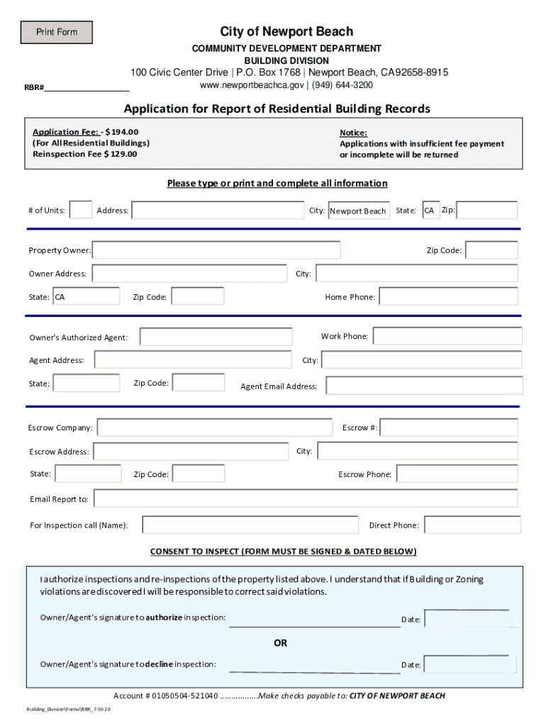 Fillable Online City of Newport Beach Application for Report of ...