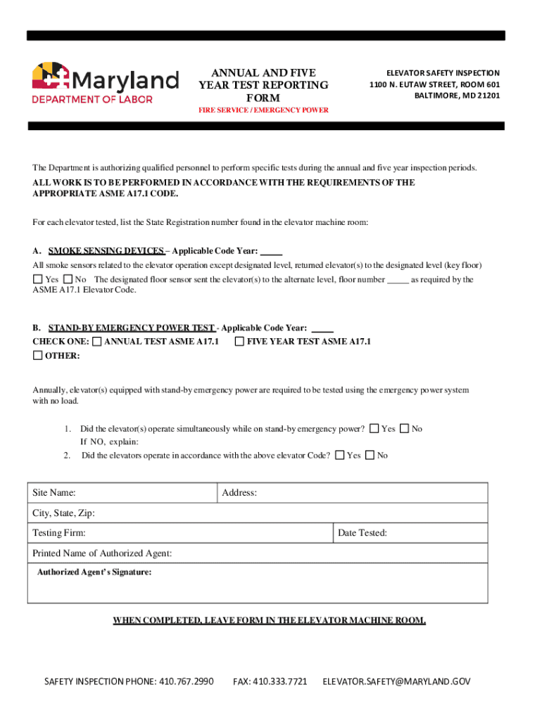Fillable Online ANNUAL AND FIVE ELEVATOR SAFETY INSPECTION YEAR TEST ...