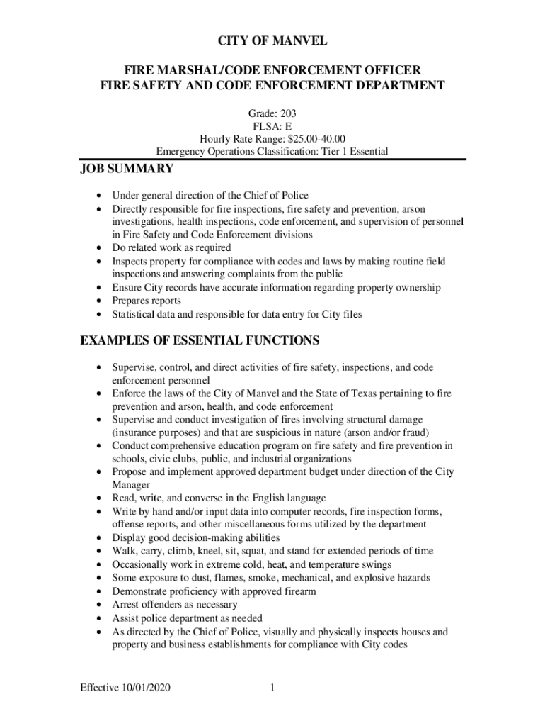 Fillable Online FIRE MARSHAL/CODE ENFORCEMENT OFFICER Fax Email Print ...