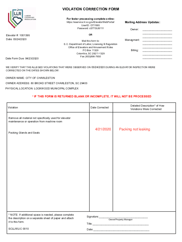 Fillable Online VIOLATION CORRECTION FORM 4/21/2020 Packing not leaking ...