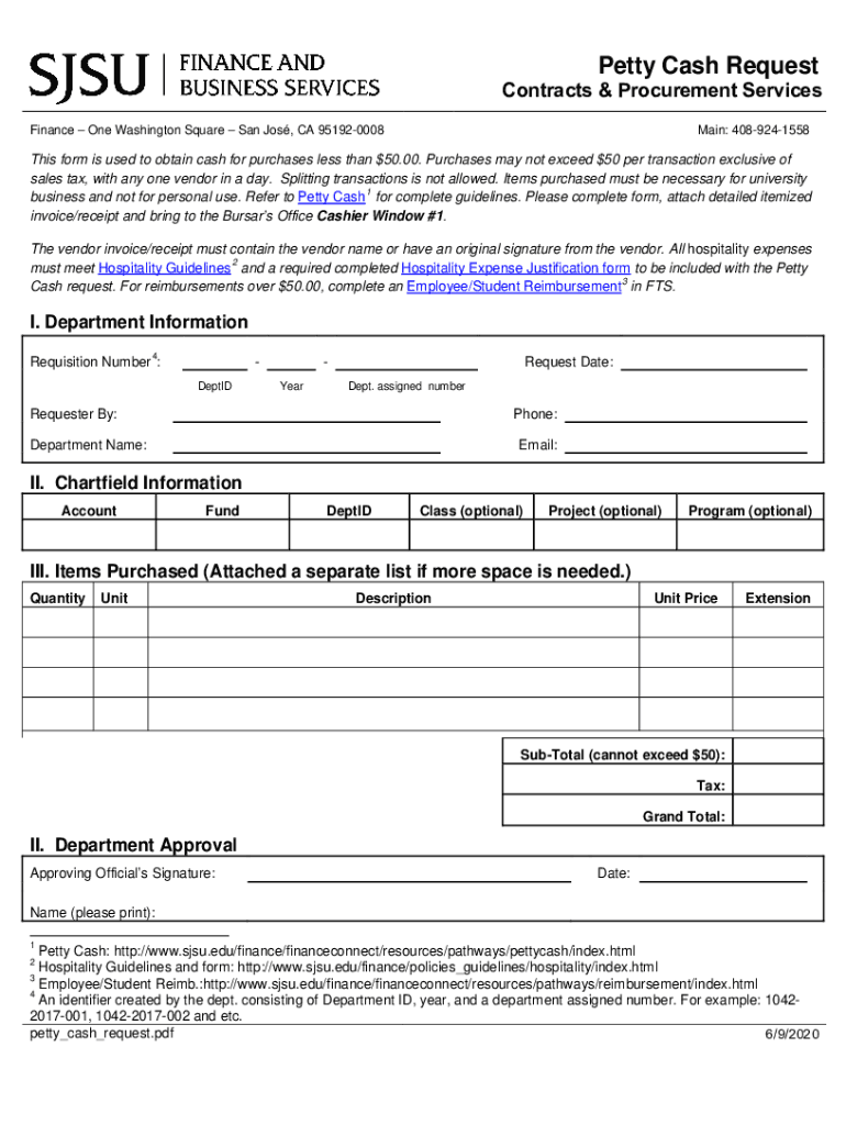 Fillable Online Petty Cash Request. Petty Cash Request form Fax Email ...