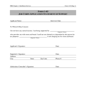Fillable Online FORM 1-03 JOB CORPS APPLICATION STATEMENT OF SUPPORT ...