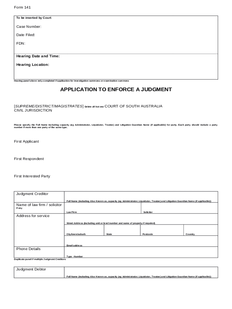141 Application to Enforce Judgment - Courts Doc Template | pdfFiller