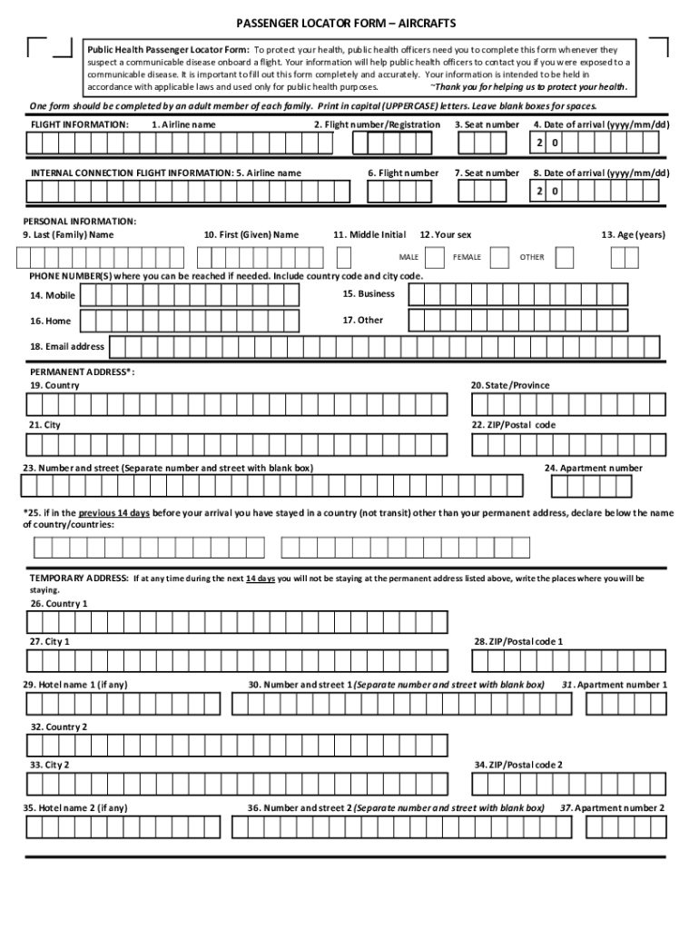 Fillable Online APPENDIX 13. PUBLIC HEALTH PASSENGER LOCATOR FORM Fax ...