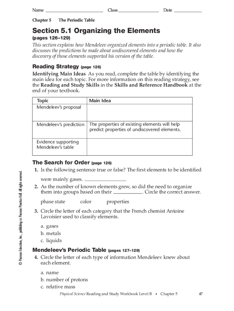 Fillable Online files5 pdesas CHAPTER 5 The Periodic Table SECTION 1 Organizing the Elements Fax ...