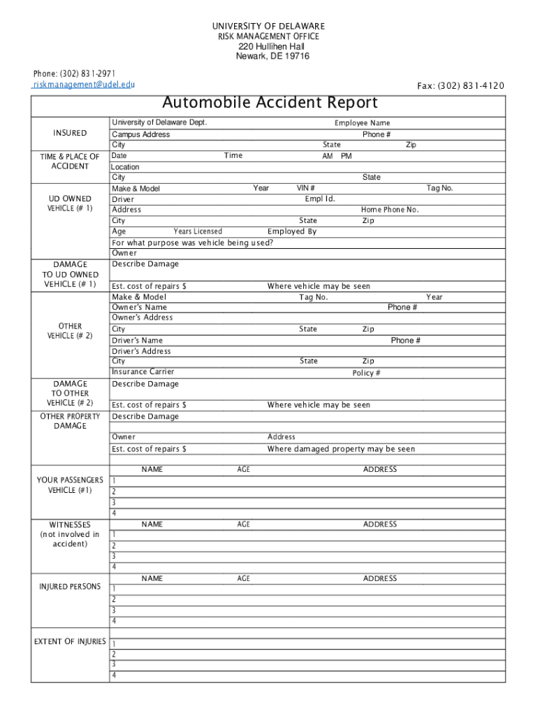 Fillable Online sites udel PDF Auto Accident Report Form - University ...