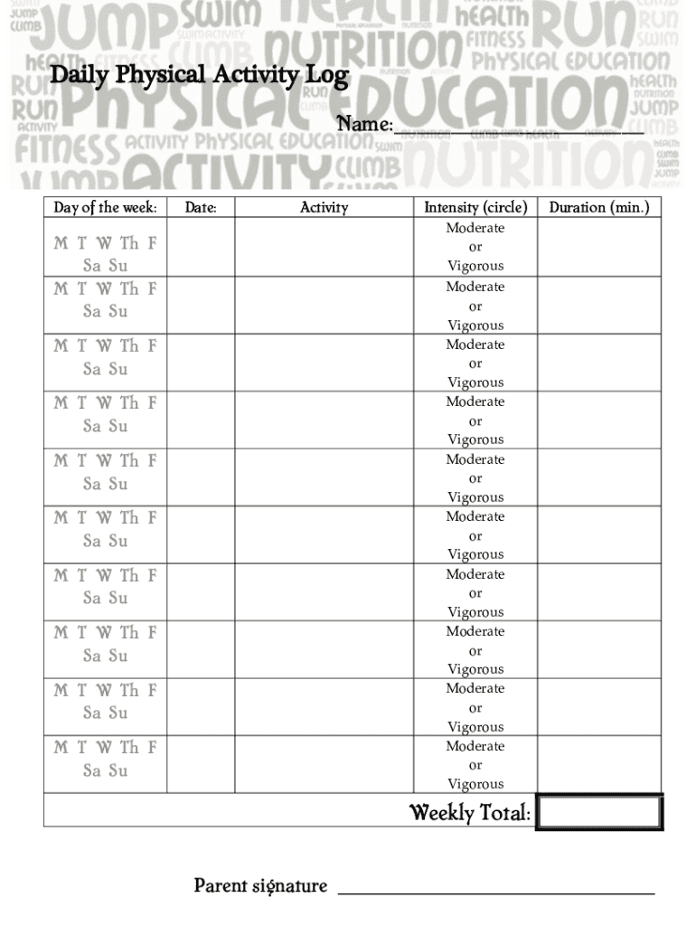 Fillable Online kinzie cps Daily Physical Activity Log - Richmond ...