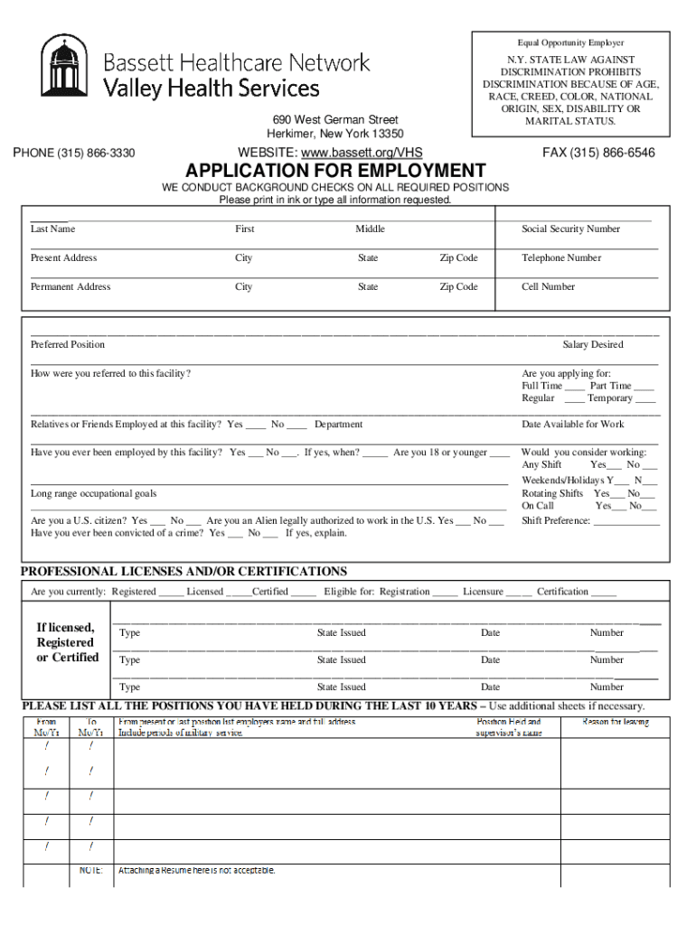 Fillable Online VHS & VRS Employment Application 2020 - Full Fax Email ...
