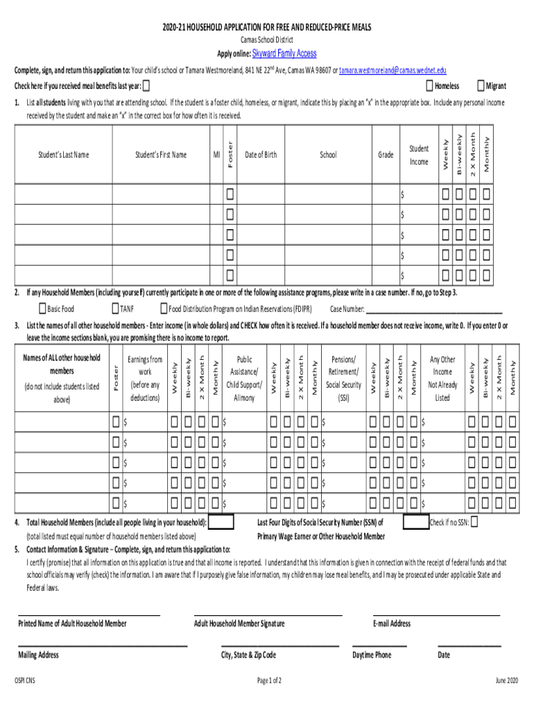 Fillable Online 2020-21 HOUSEHOLD APPLICATION FOR FREE AND REDUCED ...