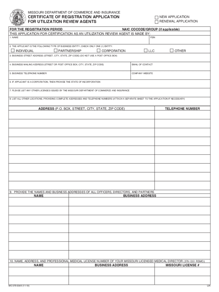 Fillable Online insurance mo 375-0049 (11-19) CERTIFICATE OF ...