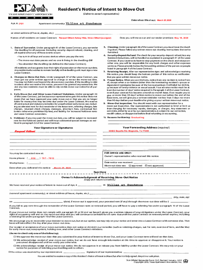 Fillable Online Taa Notice To Vacate Form - Fill Online, Printable ...