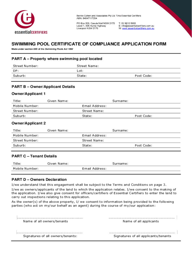 Fillable Online Swimming Pool Compliance Application Form Fax Email Print - pdfFiller