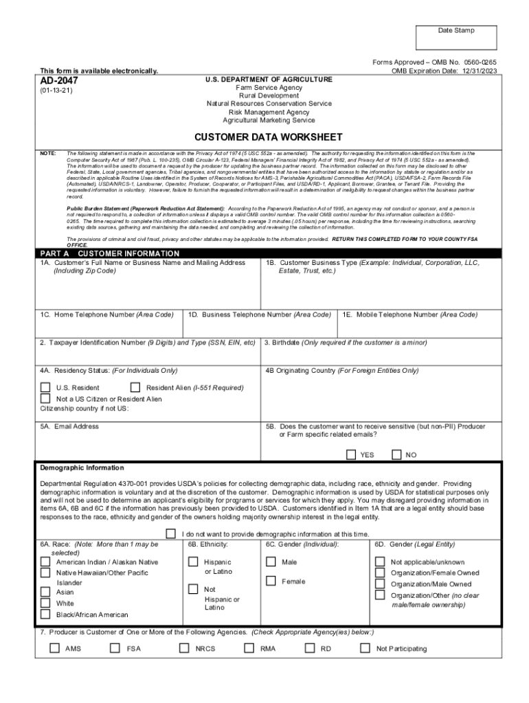 Fillable Online Form AD-2047 - Customer Data Worksheet Request for ...