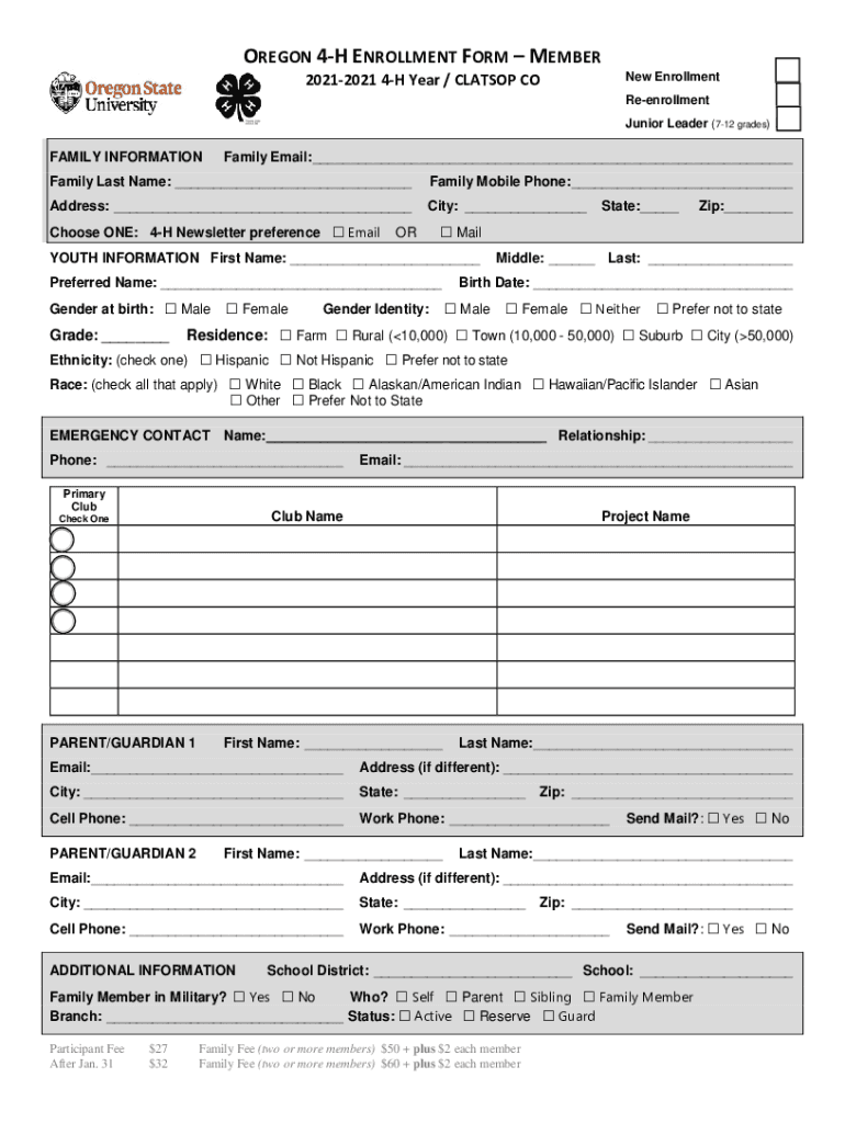Fillable Online extension oregonstate OREGON 4-H ENROLLMENT FORM MEMBER ... - OSU Extension ...