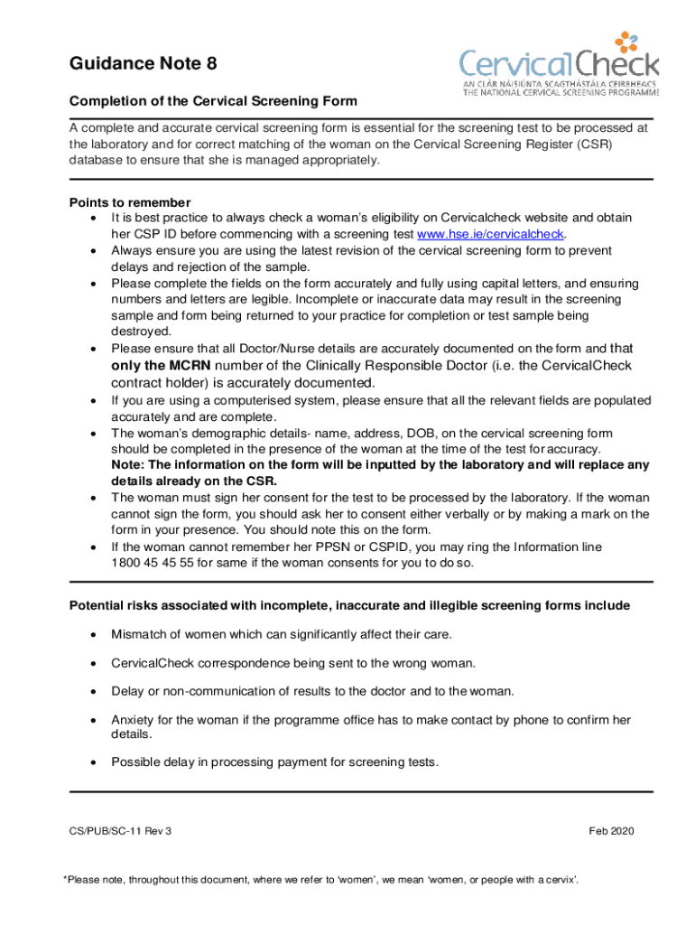 Fillable Online Completion of CervicalCheck Screening form. Points to ...