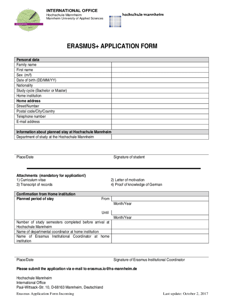 Fillable Online ERASMUS+ APPLICATION FORM - University of Limerick Fax ...