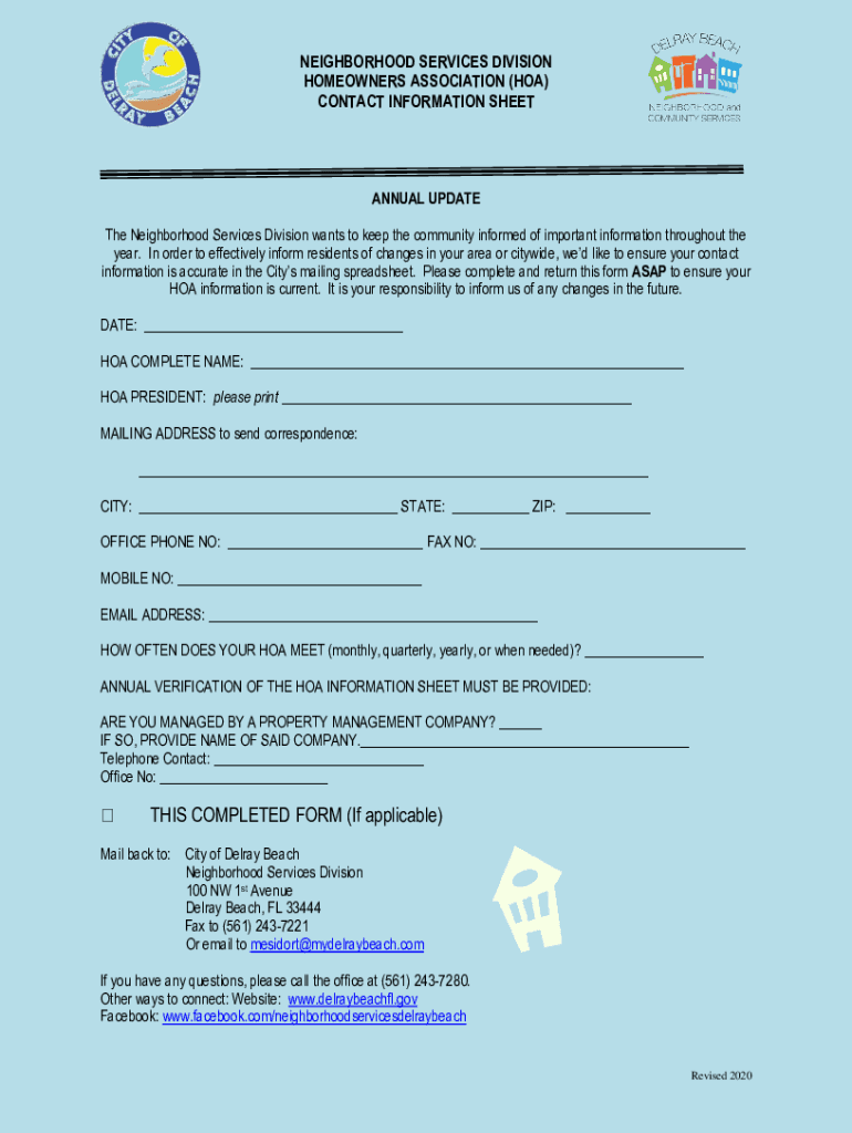 Fillable Online Fillable Online HOA Contact Information Sheet Fax Email ...