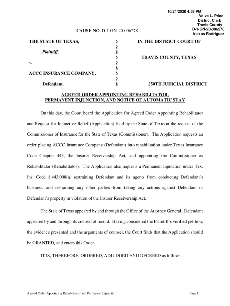 Fillable Online Filed Agreed Order Appointing Rehabilitator, Permanent ...