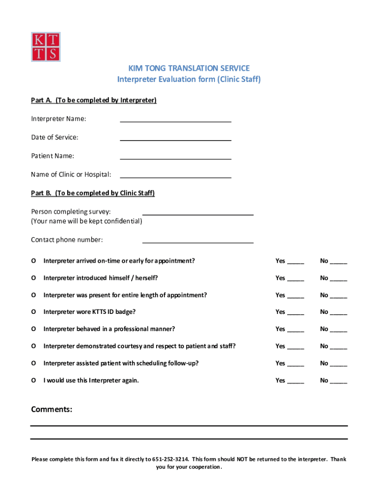 Fillable Online Interpreter Evaluation Form- Provider - Kim Tong ...