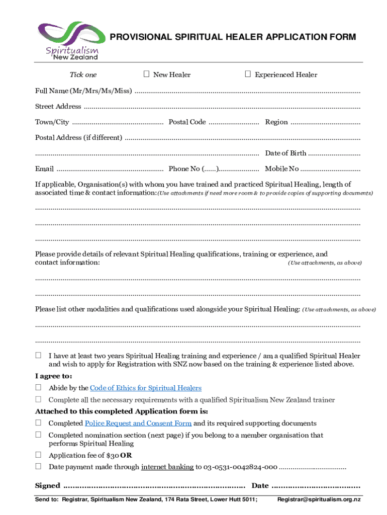 Fillable Online PROVISIONAL SPIRITUAL HEALER APPLICATION FORM Fax Email ...