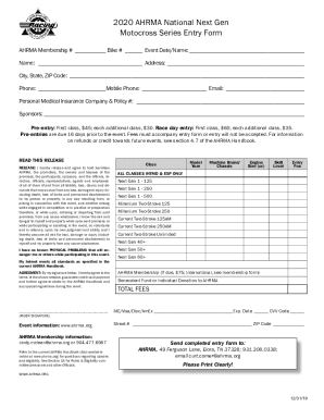 Fillable Online 20 AHRMA National Next Gen Motocross Series Entry Form Fax Email Print - pdfFiller