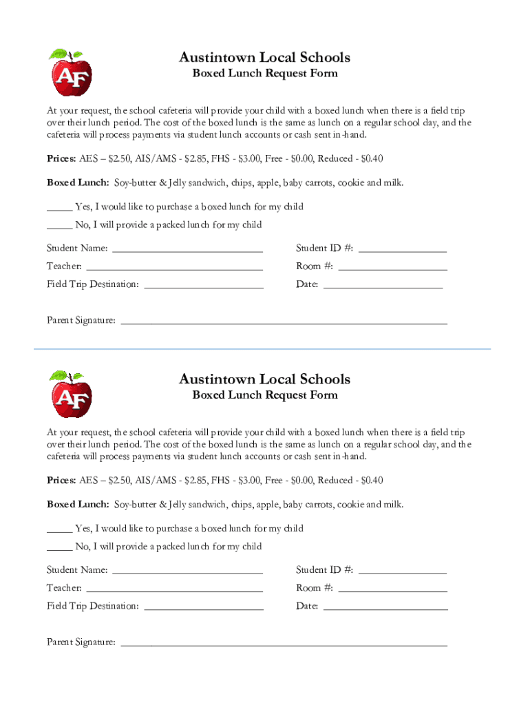 Fillable Online Austintown Local Schools Boxed Lunch Request Form Fax ...