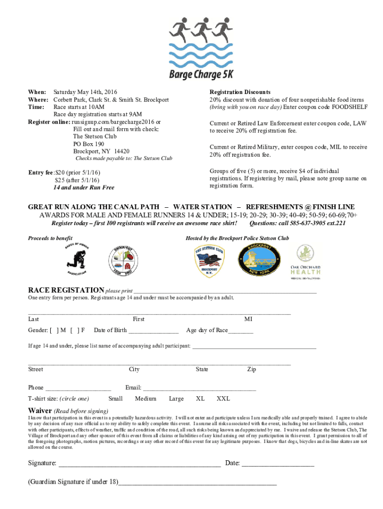 Fillable Online BARGE CHARGE 5K Entry Form Fax Email Print - pdfFiller