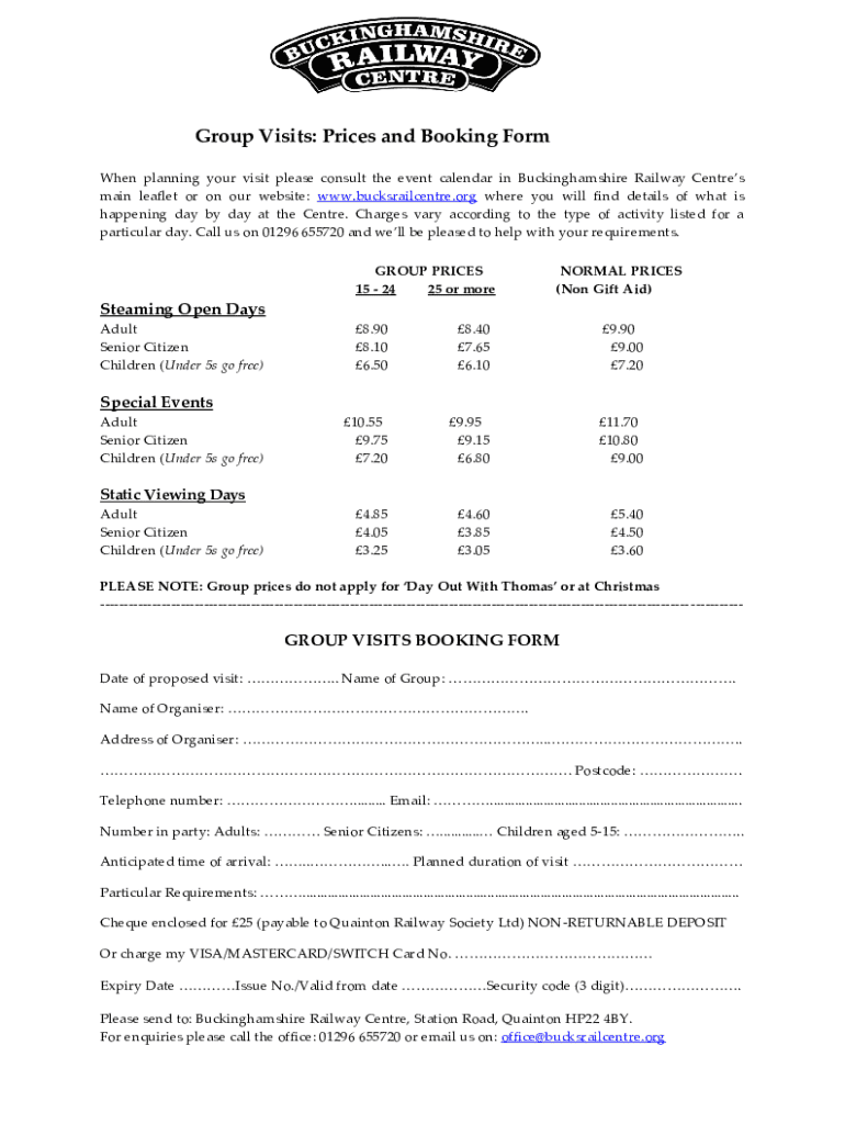 Fillable Online Group Visits: Prices and Booking Form Fax Email Print ...