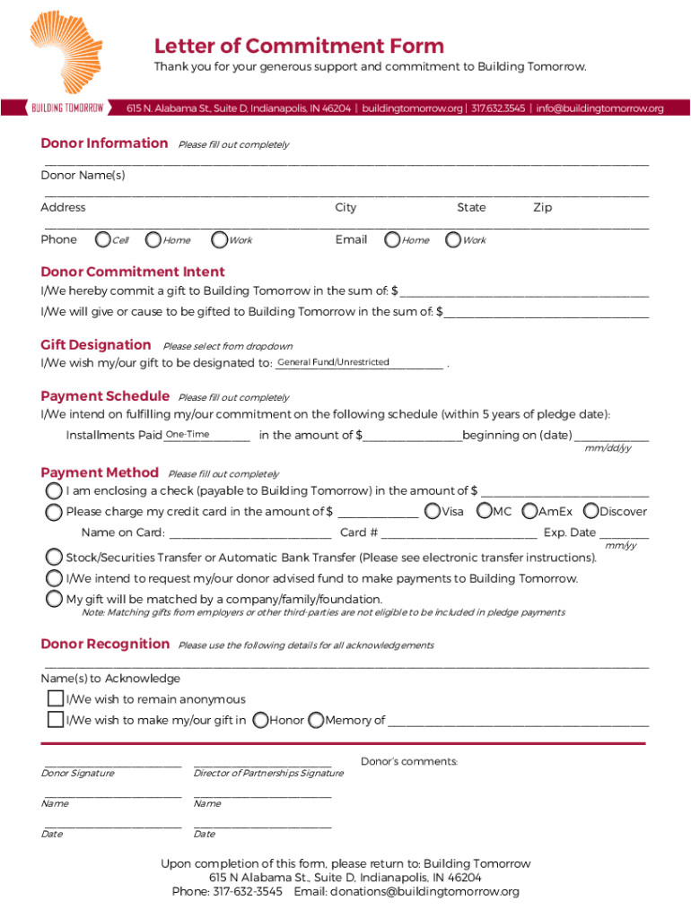 Fillable Online Letter of Commitment Form - Building Tomorrow Fax Email ...