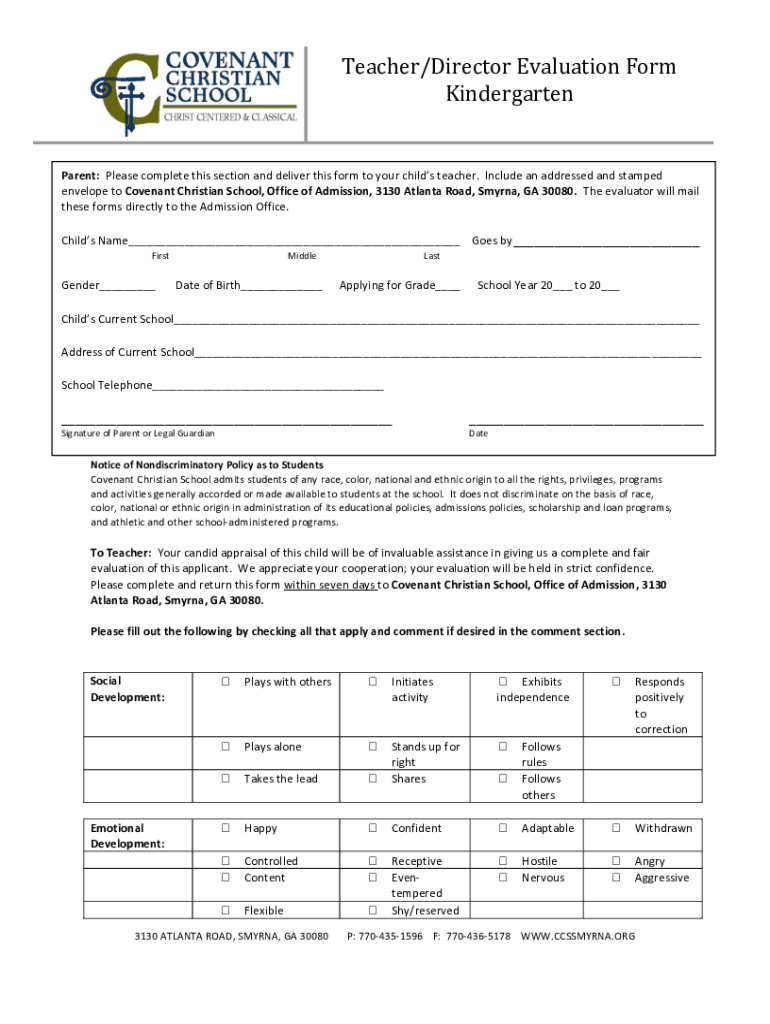 Fillable Online Teacher/Director Evaluation FormKindergarten Fax Email ...