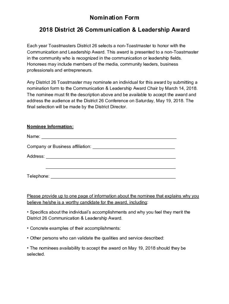 Fillable Online Toastmasters International -District Leader Nominating ...