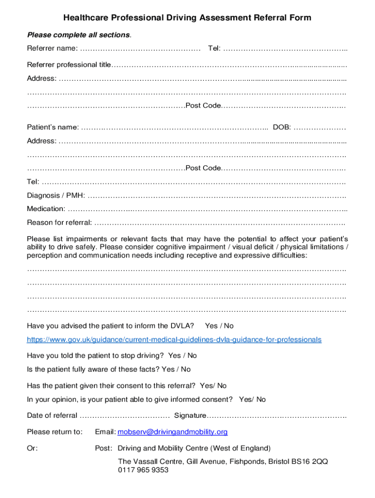 Fillable Online Driving Assessment Referral Form - Driving and Mobility ...