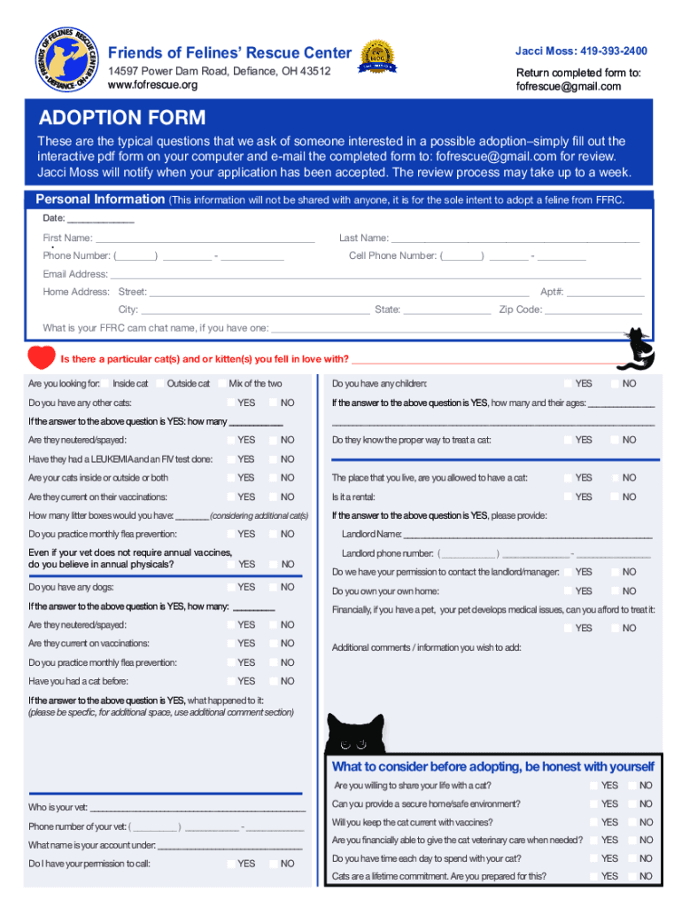Friends Of Felines Rescue Defiance Ohio - Fill Online, Printable ...