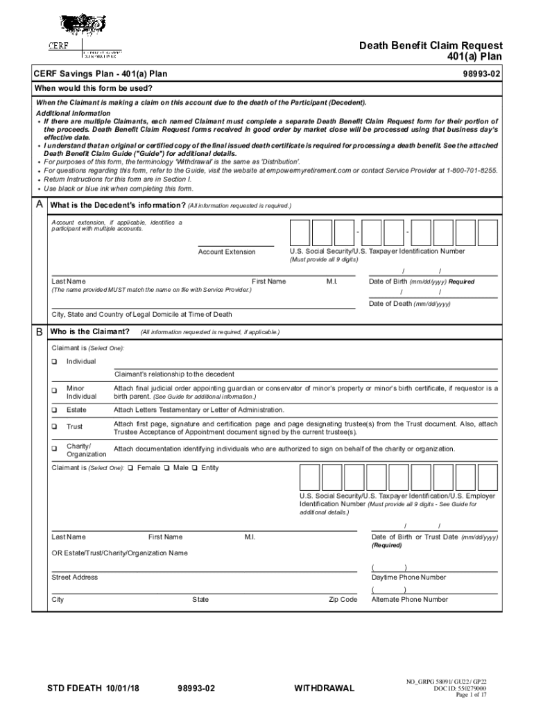 Fillable Online Death Benefit Claim Request 401(a) Plan Fax Email Print ...